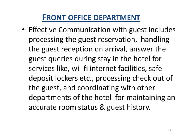 Introduction to front office organization, hierarchy, duties and ...