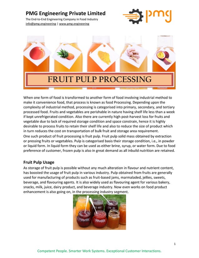 Introduction to Fruit Pulp Processing- Usage, Processing Unit, Issues, Conclusion | PDF