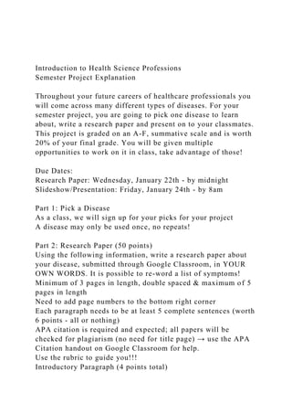 Introduction to Health Science ProfessionsSemester Project Exp.docx ...