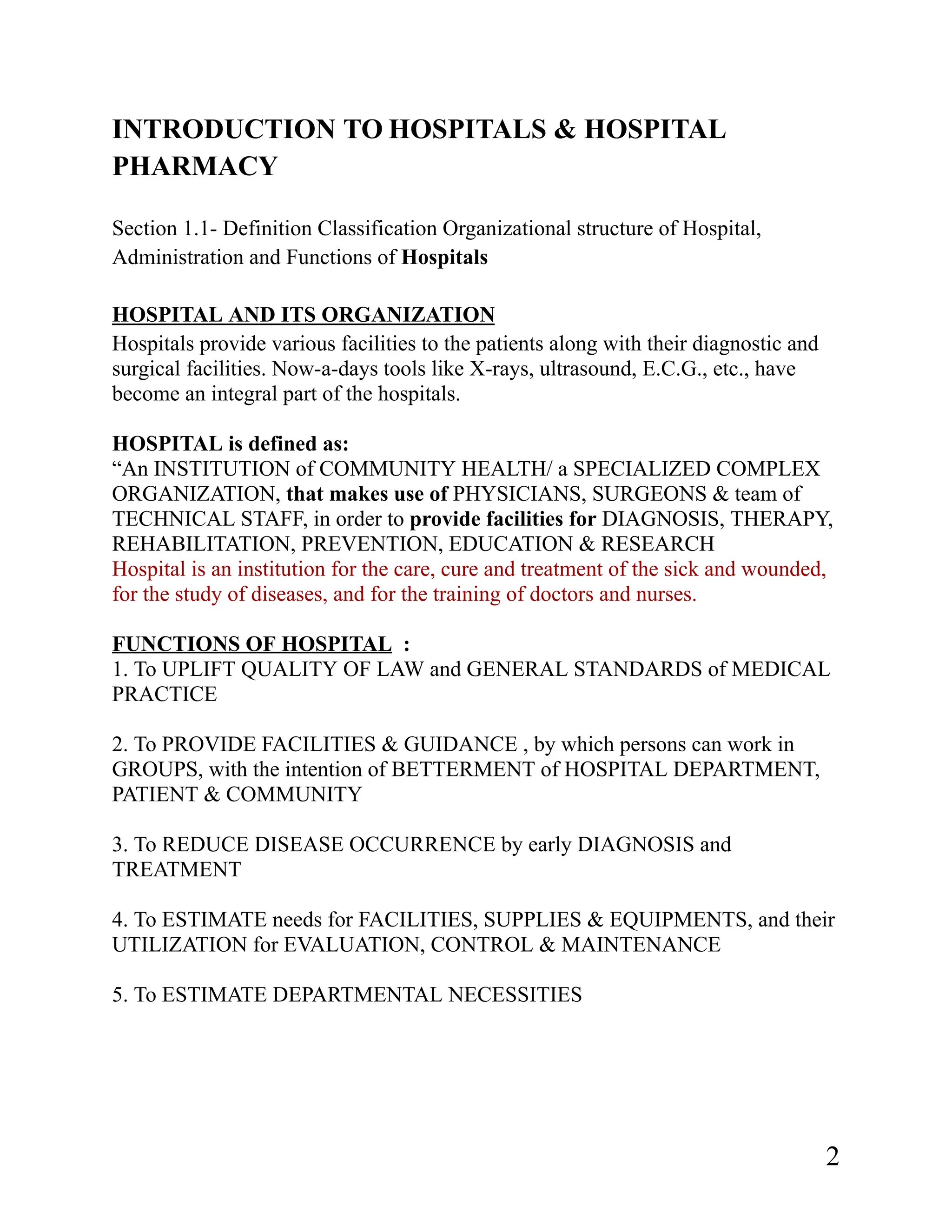 INTRODUCTION TO HOSPITALS & AND ITS ORGANIZATION | PDF