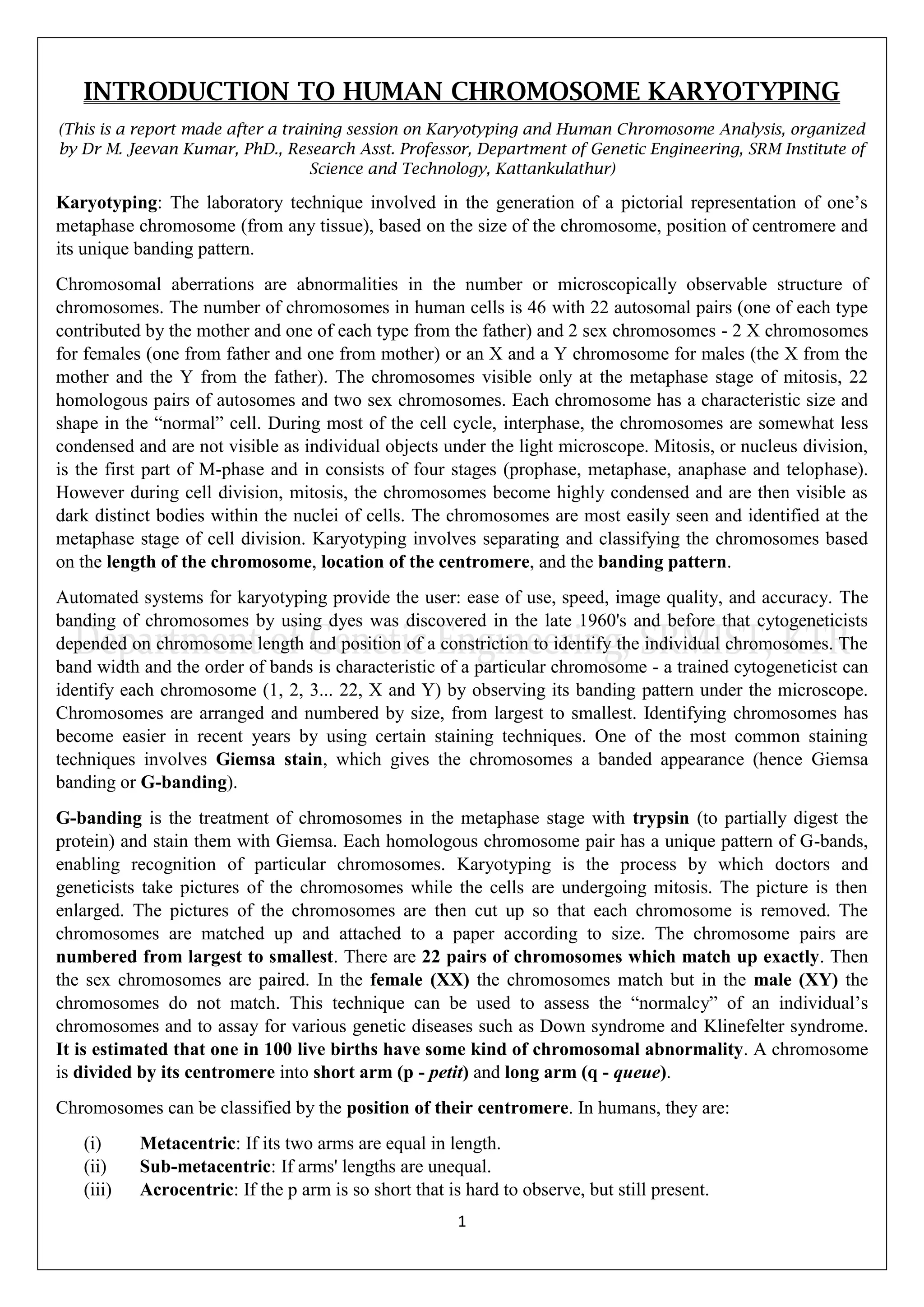 Introduction to HUMAN CHROMOSOME ANALYSIS: Conventional Karyotyping ...