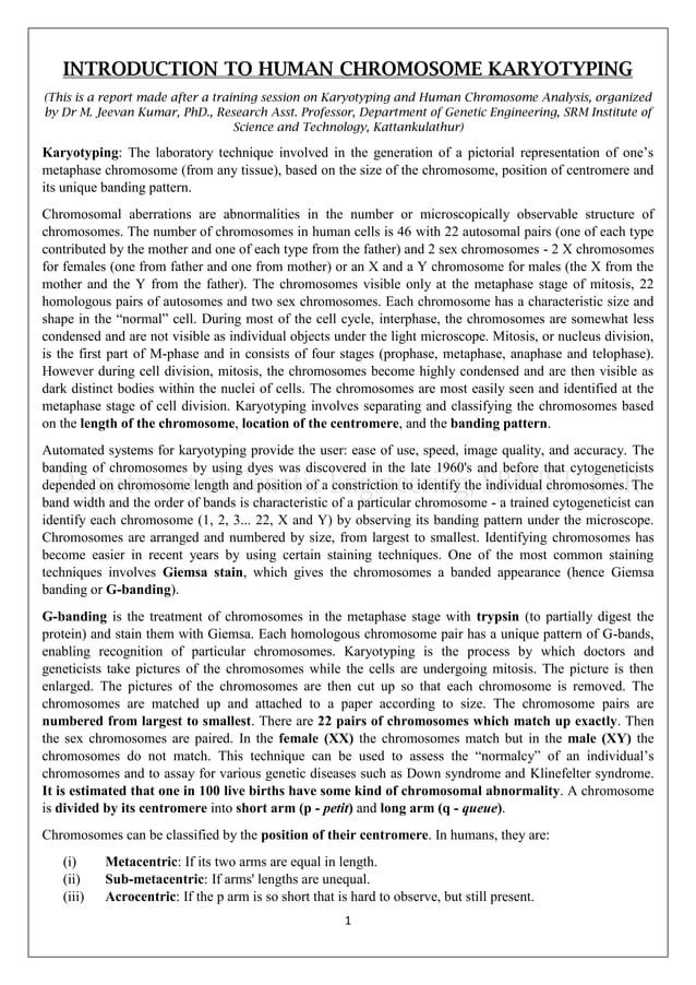 Introduction to HUMAN CHROMOSOME ANALYSIS: Conventional Karyotyping ...