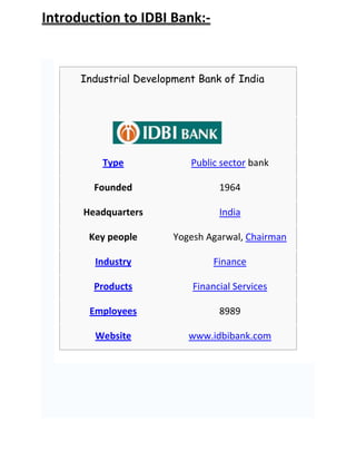 Introduction to idbi bank | DOCX