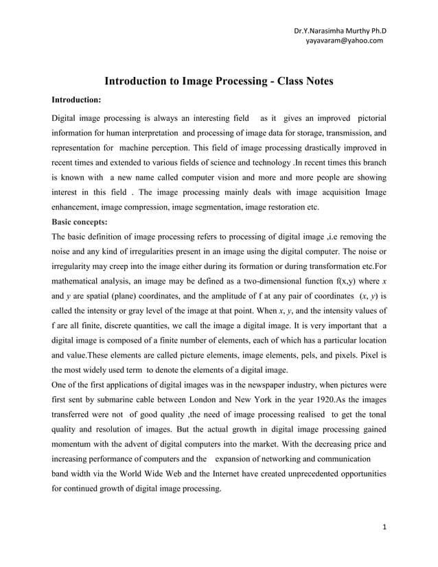 Introduction to image processing-Class Notes | PDF