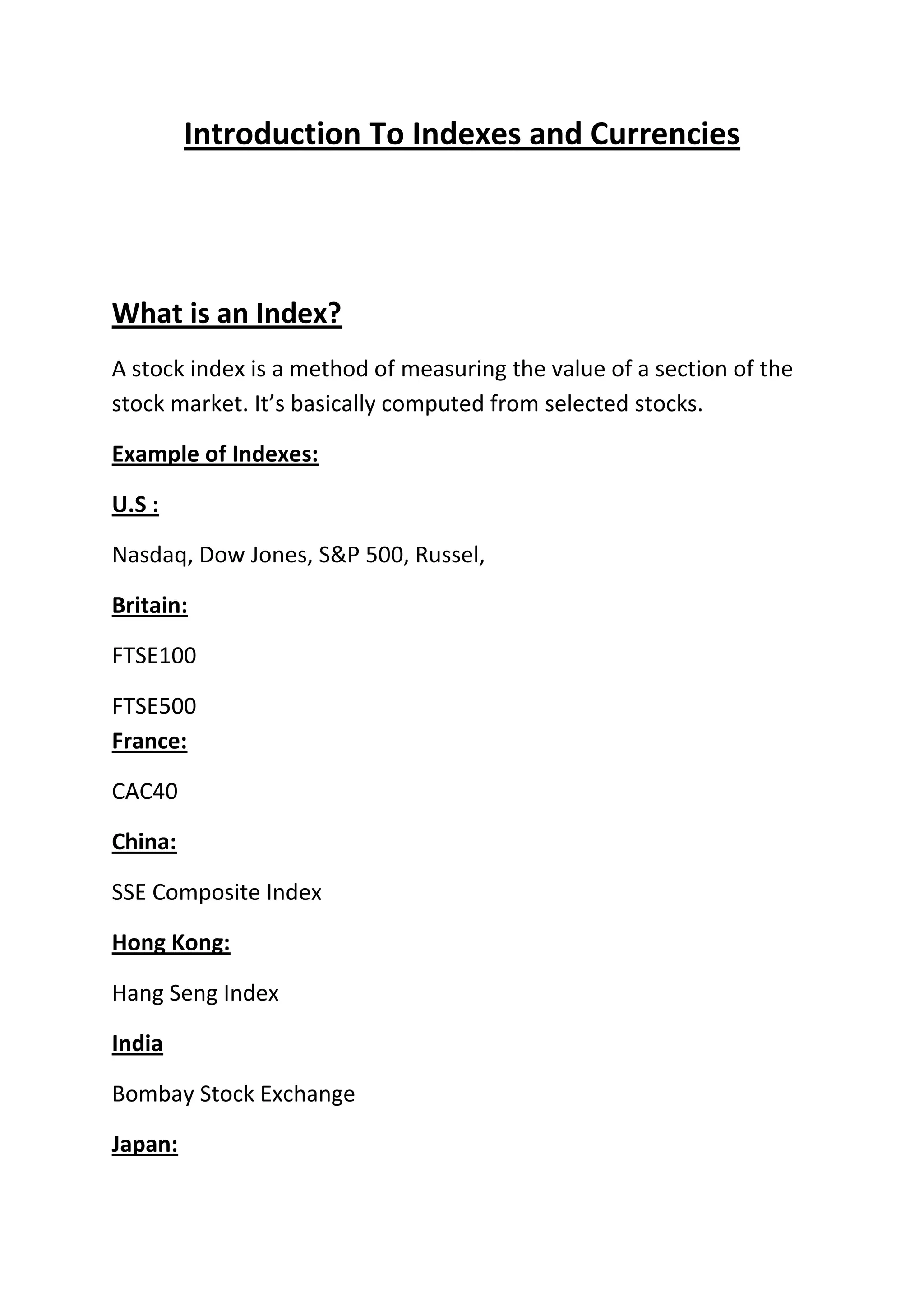 Introduction to indexes and currencies | DOCX