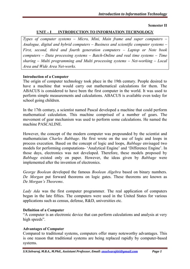 Introduction to information technology (2015 16) unit 1 | PDF