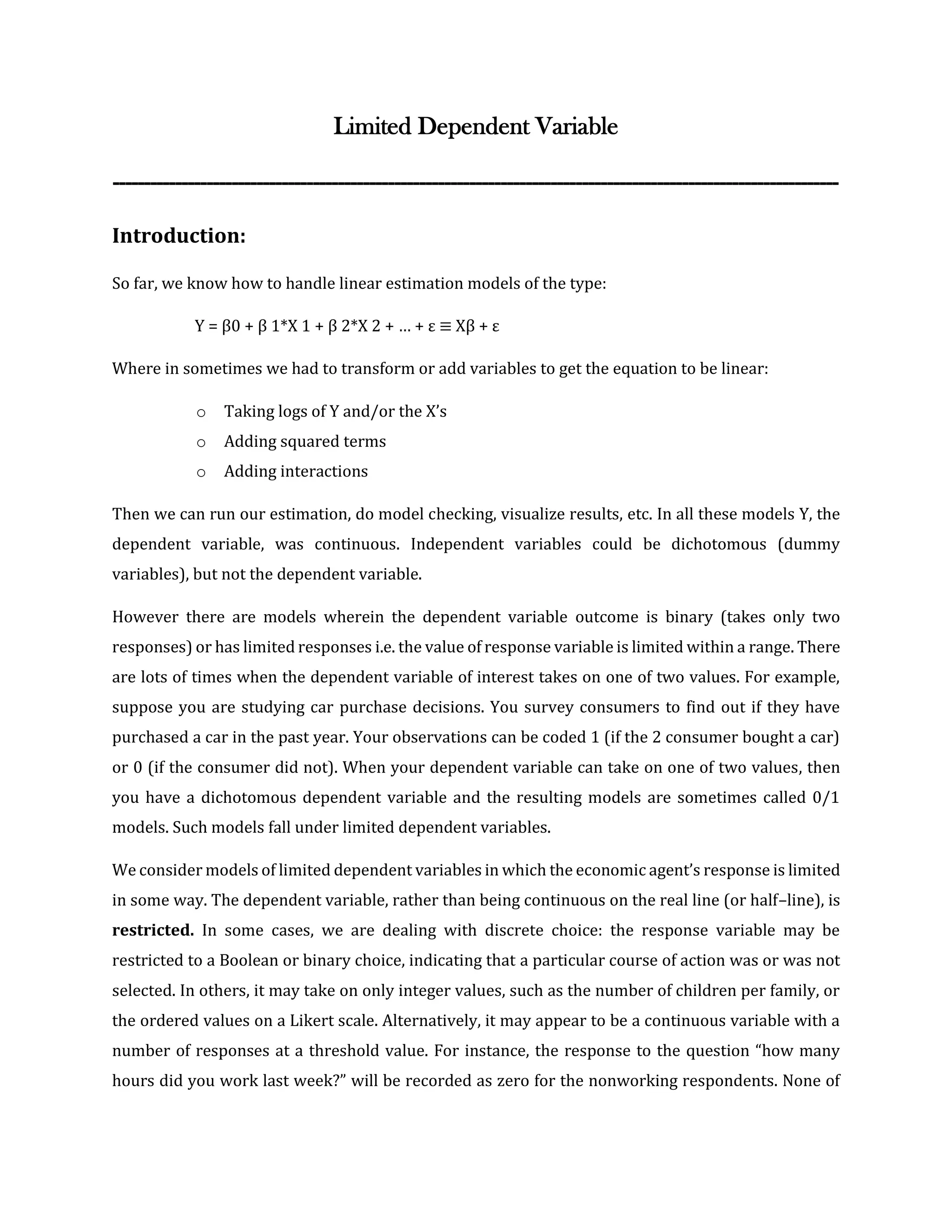 Introduction to Limited Dependent variable | PDF
