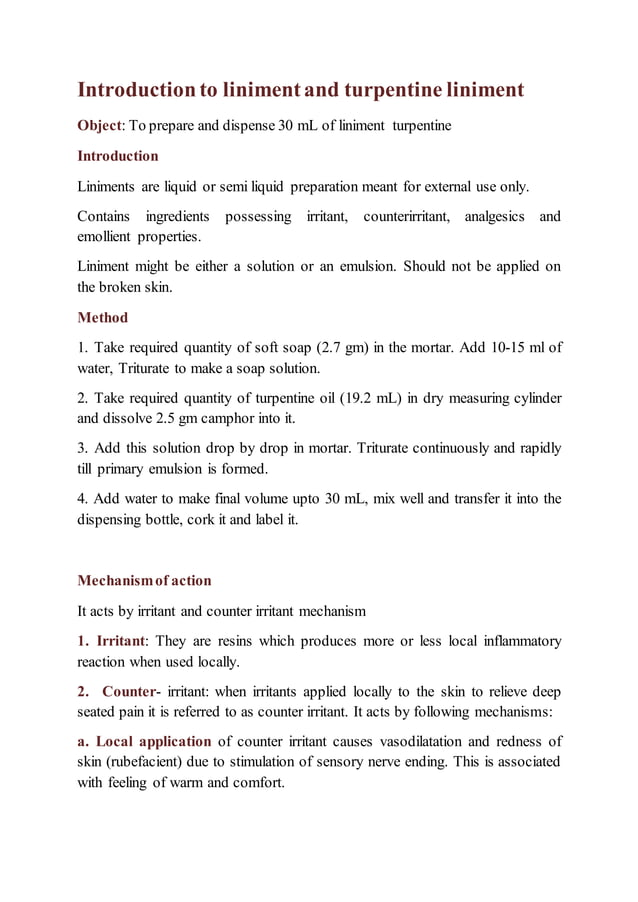 Introduction to liniment and turpentine liniment | DOCX | Skin Care ...