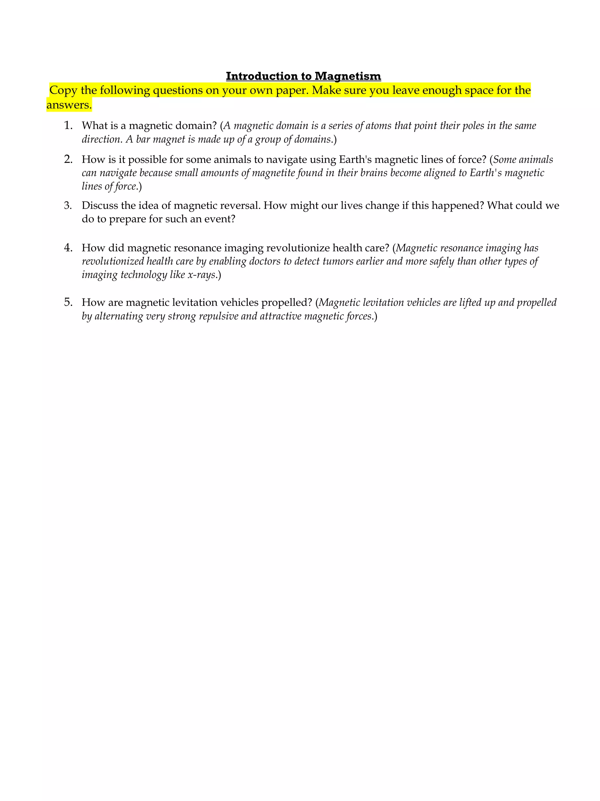 Introduction To Magnetism Journal Page 1 With Answers | PDF