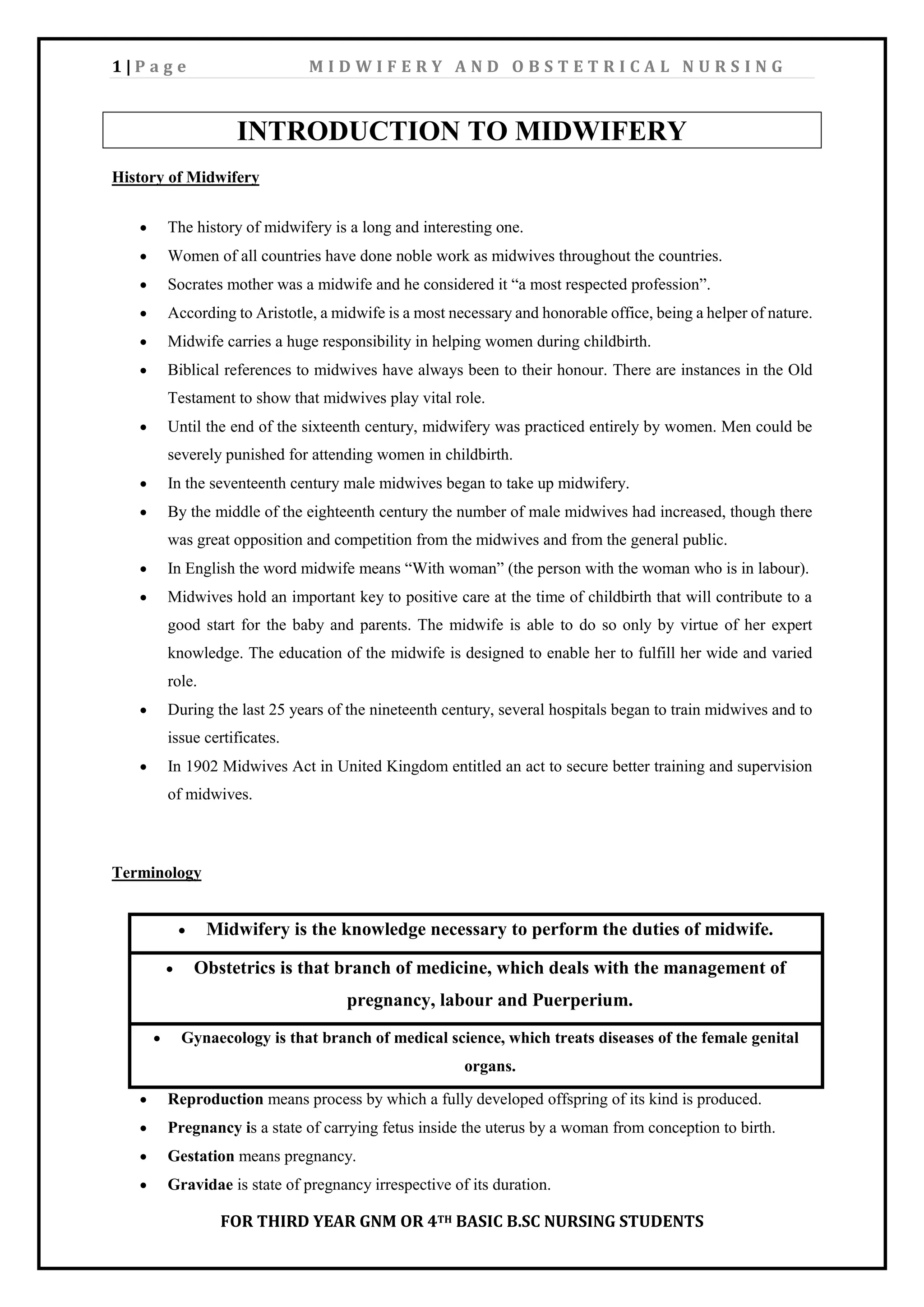 Introduction to midwifery | PDF