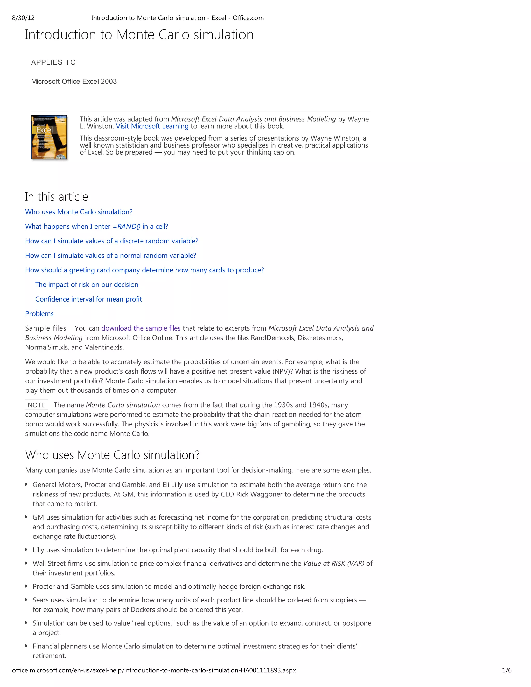 Introduction to monte carlo simulation excel - office | PDF