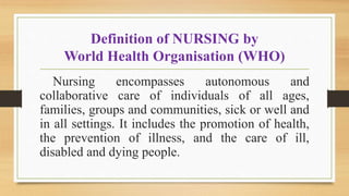 Introduction, Definition of Nursing and Role and Functions of Nurse | PPTX