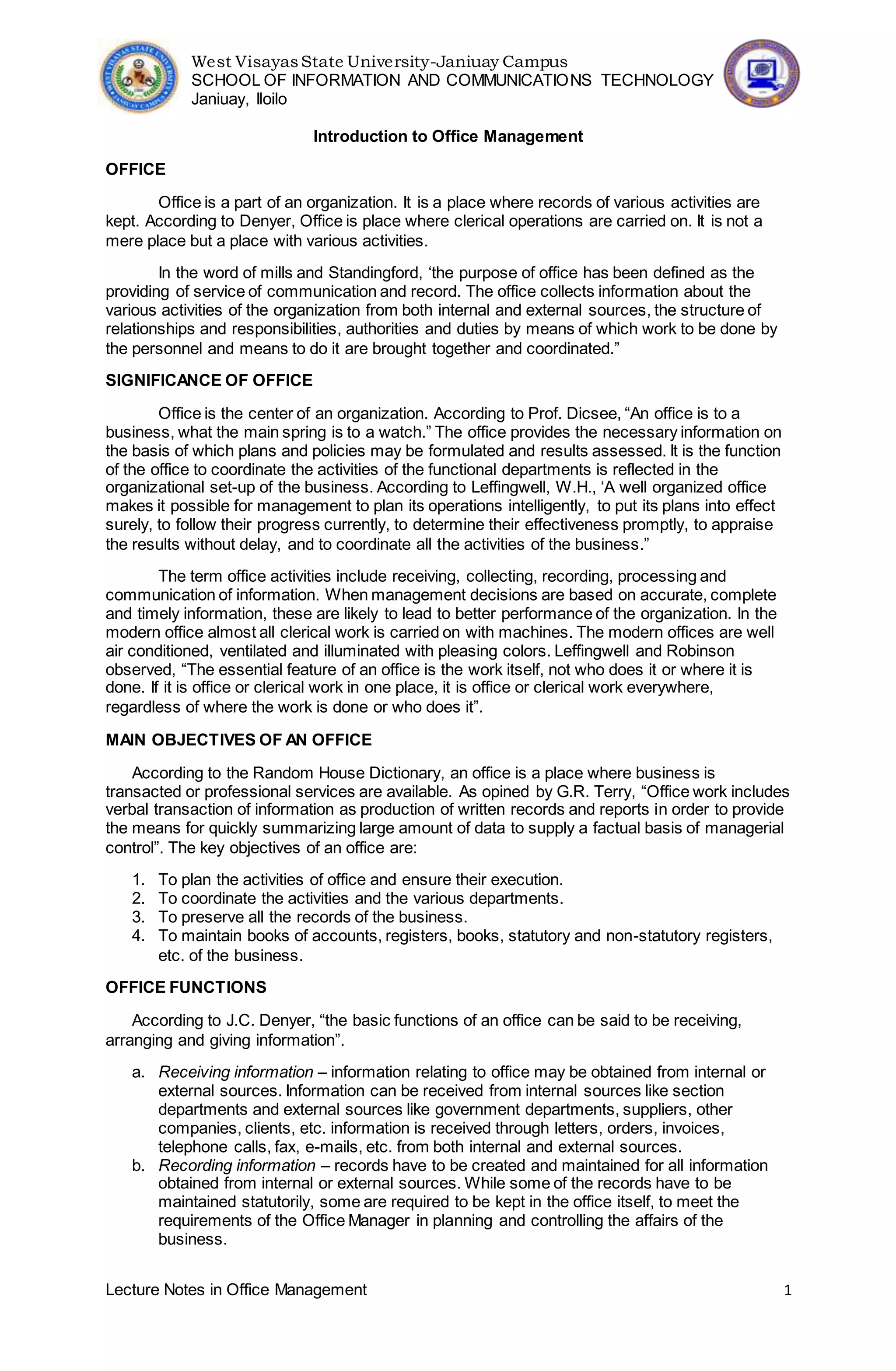 Introduction to office management | DOCX