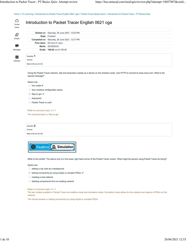 Introduction to packet tracer pt basics quiz attempt review-eva | PDF