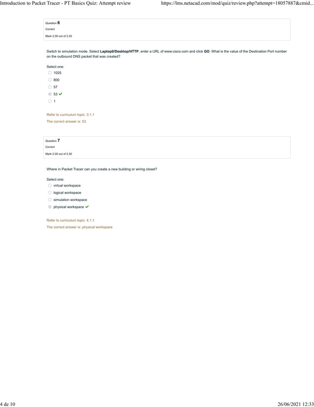 Introduction to packet tracer pt basics quiz attempt review-eva | PDF