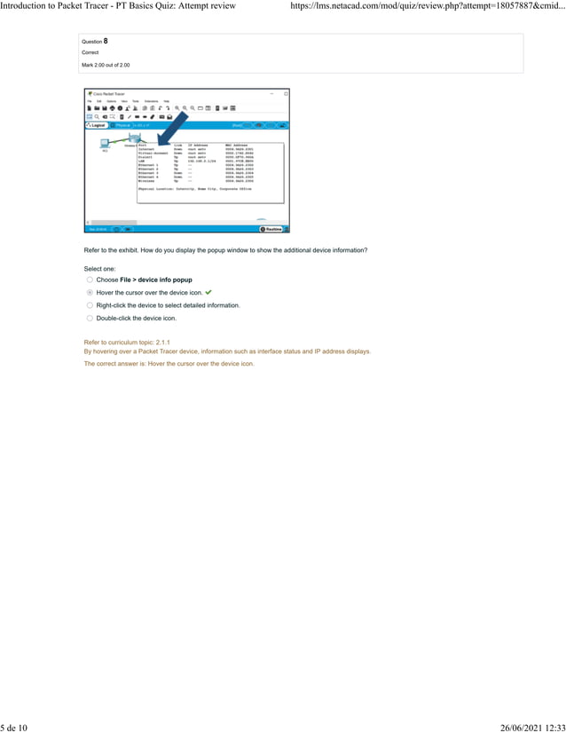 Introduction to packet tracer pt basics quiz attempt review-eva | PDF
