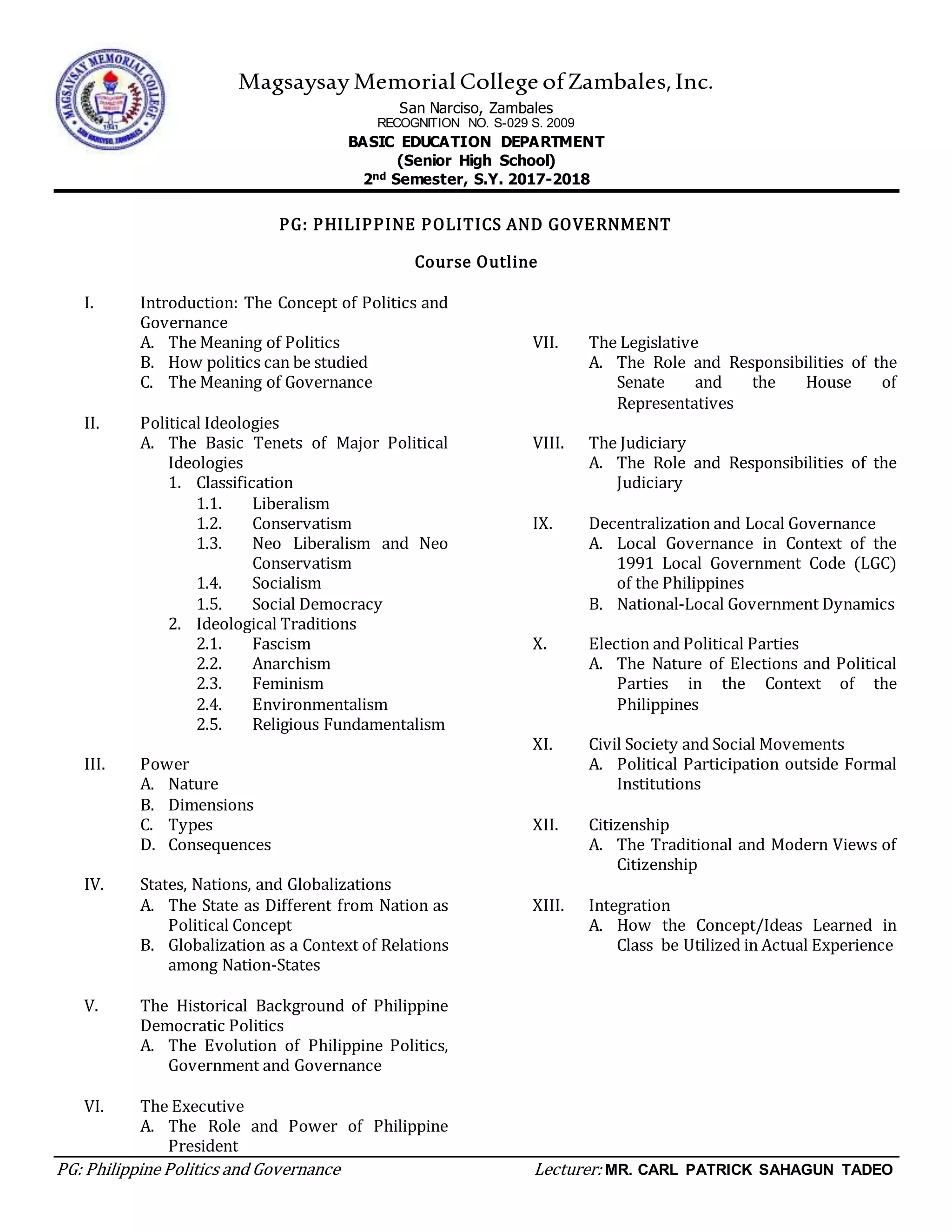 Introduction to Philippine Politics and Governance | DOCX