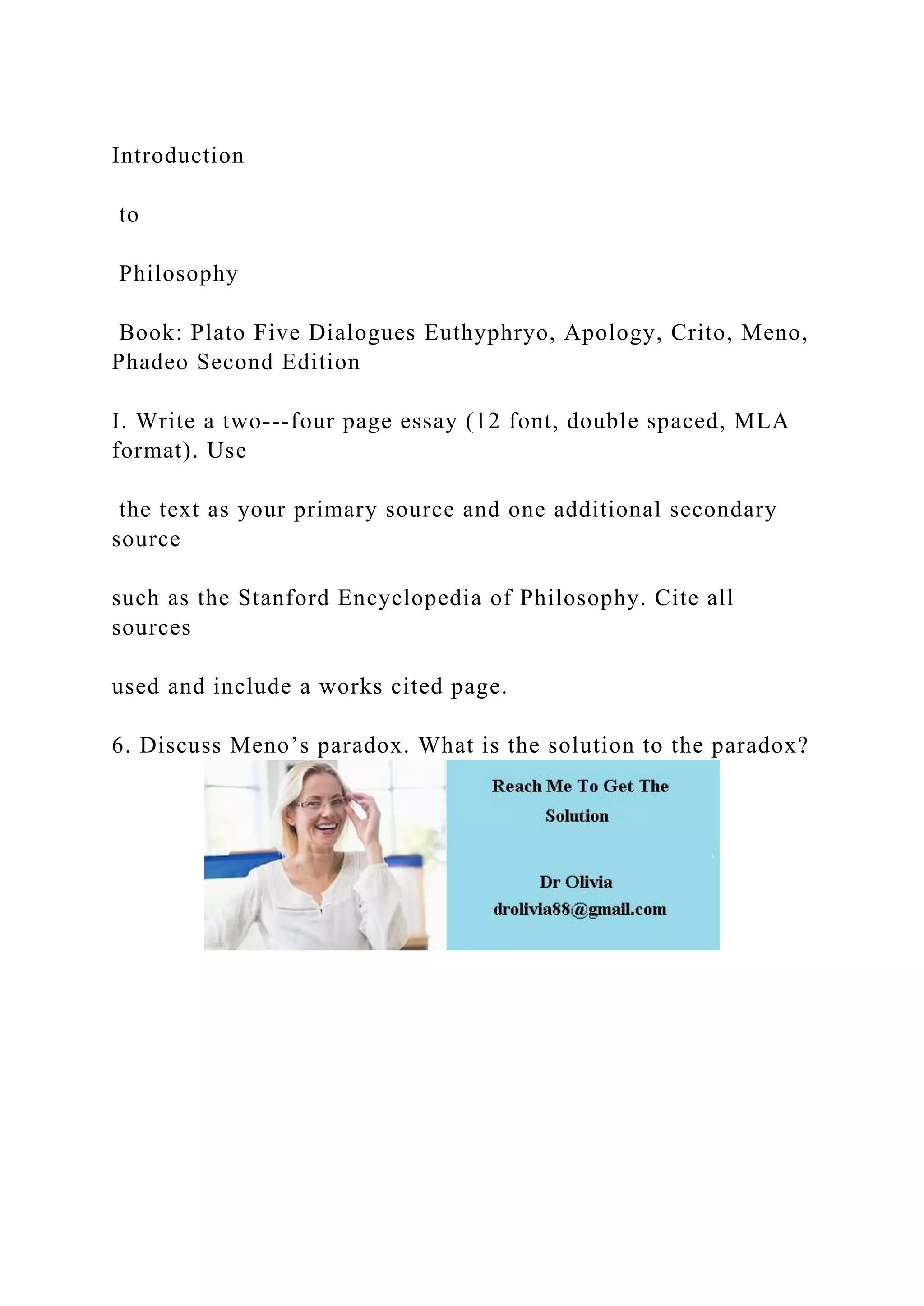 Introduction to Philosophy Book Plato Five Dialogues Eu.docx | Secondary Education | Education