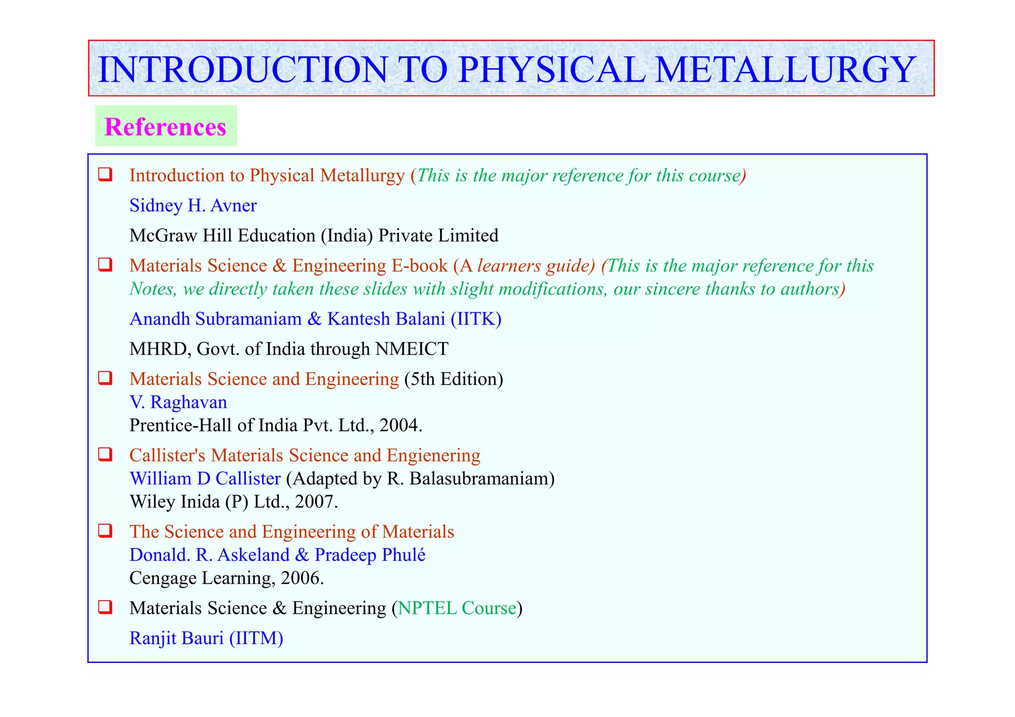 Introduction to Physical Metallurgy Lecture Notes | PDF