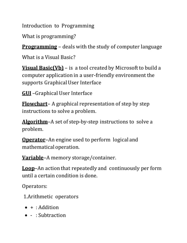 Introduction to programming | DOCX | Programming Languages | Computing