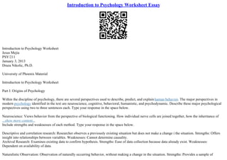 Introduction To Psychology Worksheet Essay | PPT
