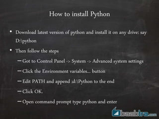 Introduction to python | PPTX | Programming Languages | Computing