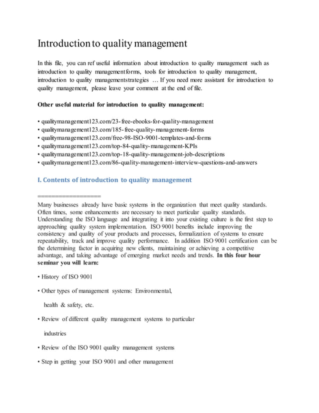 Introduction to quality management | PDF | Free Download