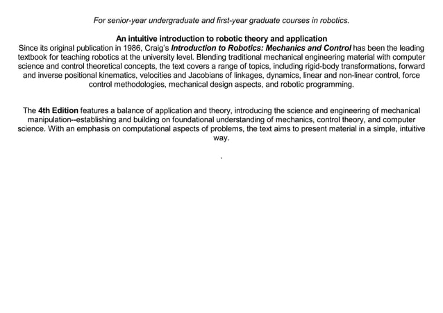 [Doc] Introduction to Robotics: Mechanics and Control (4th Edition) | PDF | Physics | Science