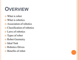 Introduction to robotics, Laws,Classification,Types, Drives,Geometry | PPTX | Robotics ...