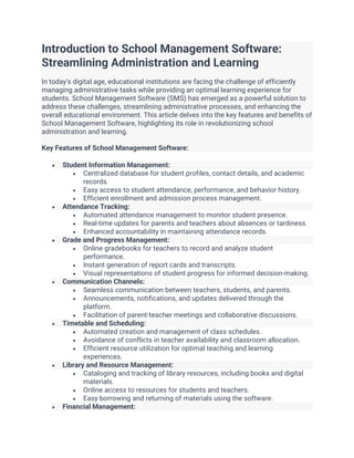 Introduction to School Management Software: Streamlining Administration and Learning | PDF