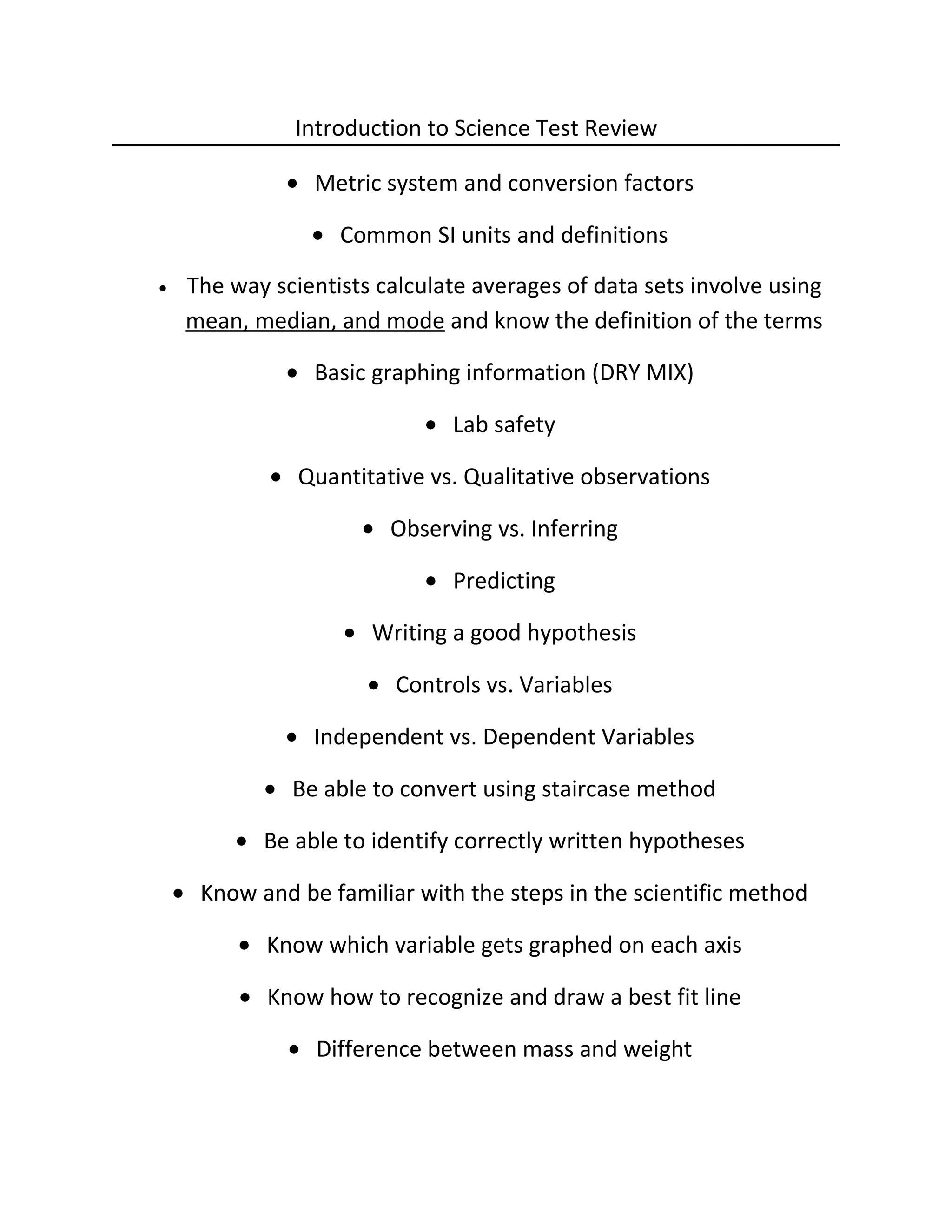 Introduction To Science Test Review | DOC