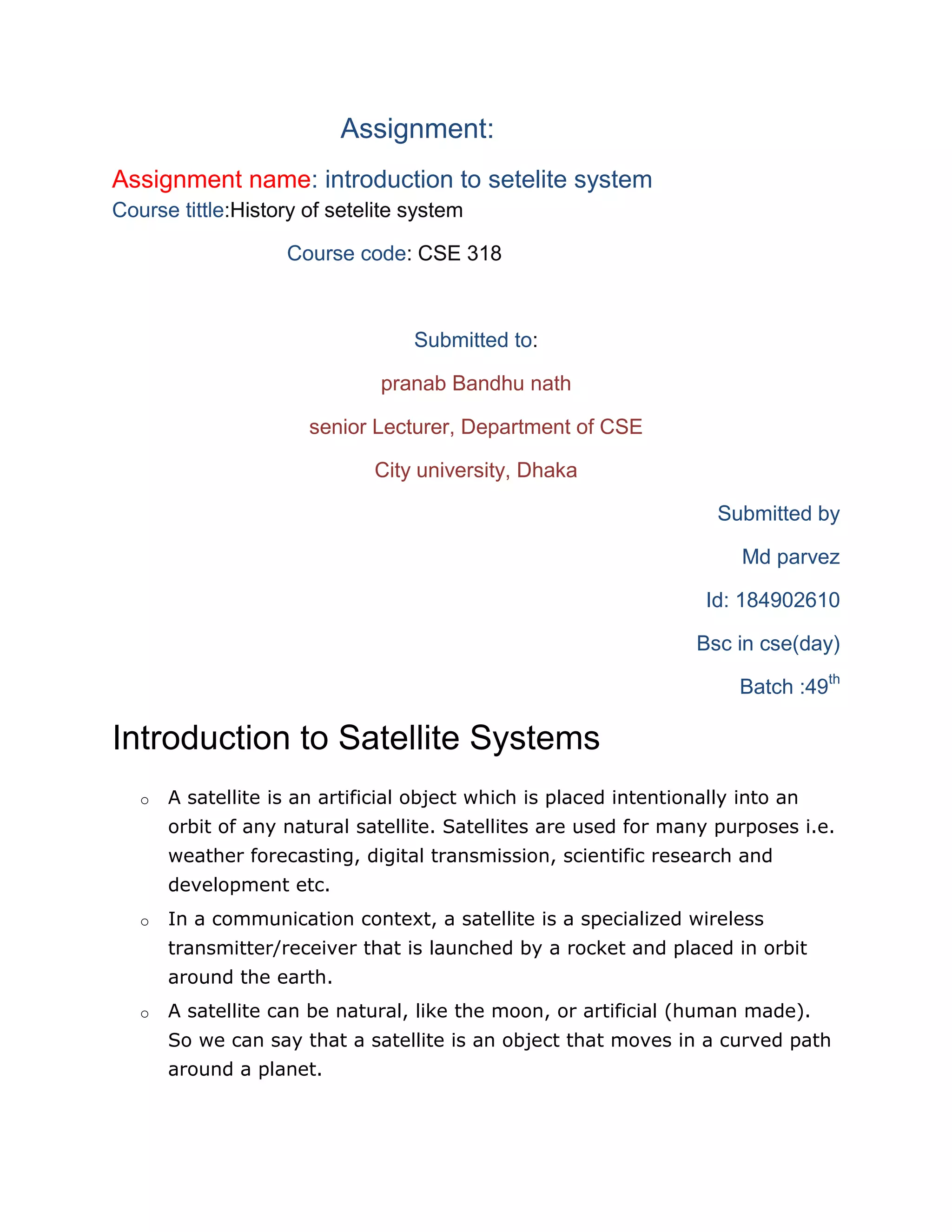 Introduction to setelite system | PDF