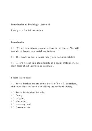 Introduction to Sociology Lesson 11 Family as a Social Ins.docx ...
