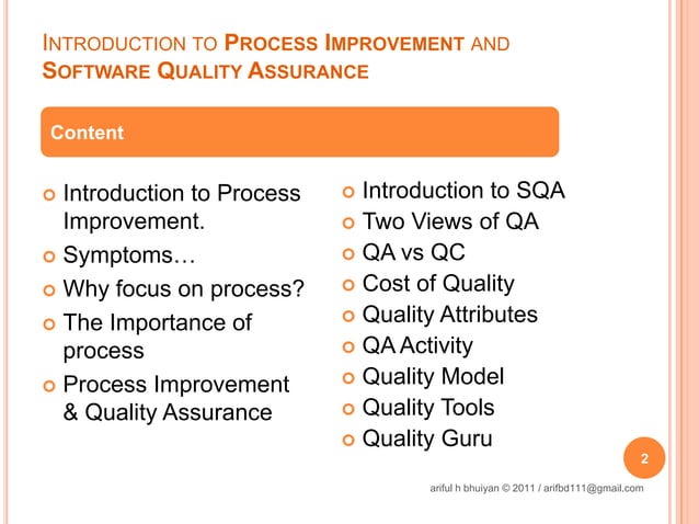 Introduction to Process Improvement & Software Quality Assurance | PPT Introduction to Process Improvement & Software Quality Assurance | PPT