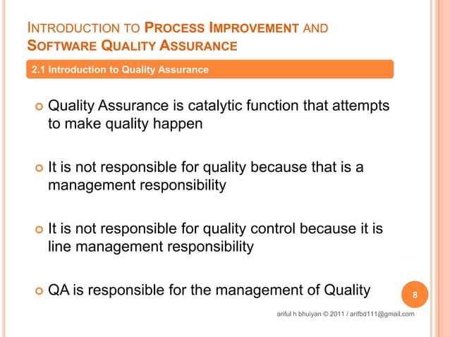 Introduction to Process Improvement & Software Quality Assurance | PPT Introduction to Process Improvement & Software Quality Assurance | PPT