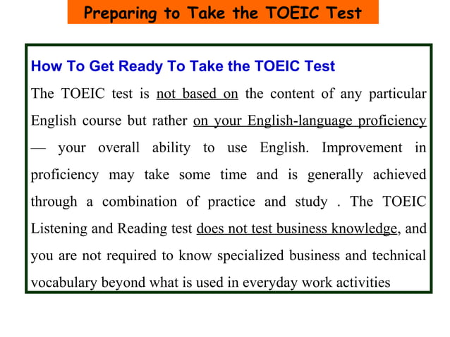 Introduction to the toeic test | PPT | Standardized Testing ...