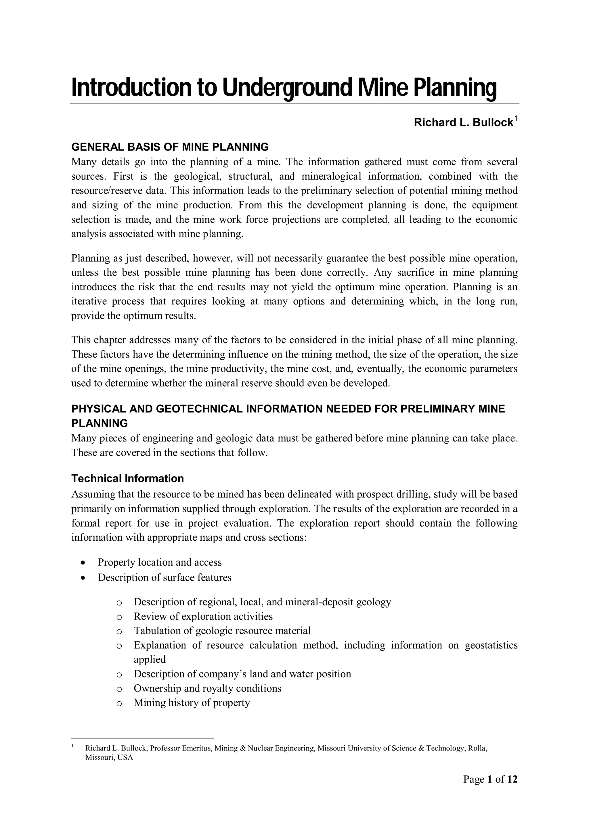 Introduction to underground mine planning | PDF