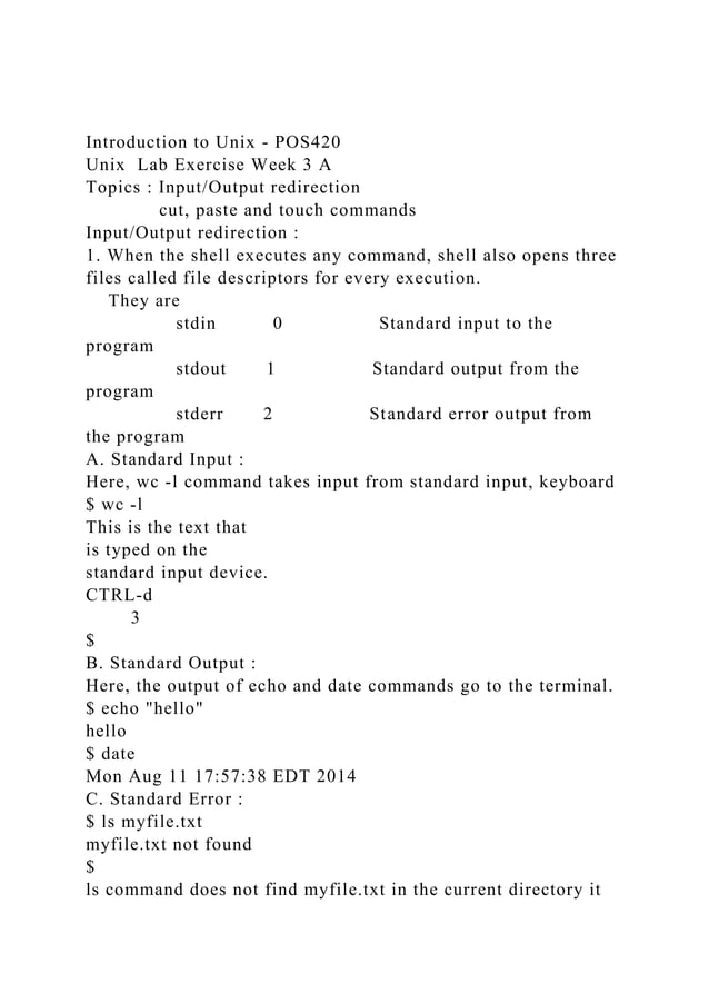 Introduction to Unix - POS420Unix Lab Exercise Week 3 ATopics.docx