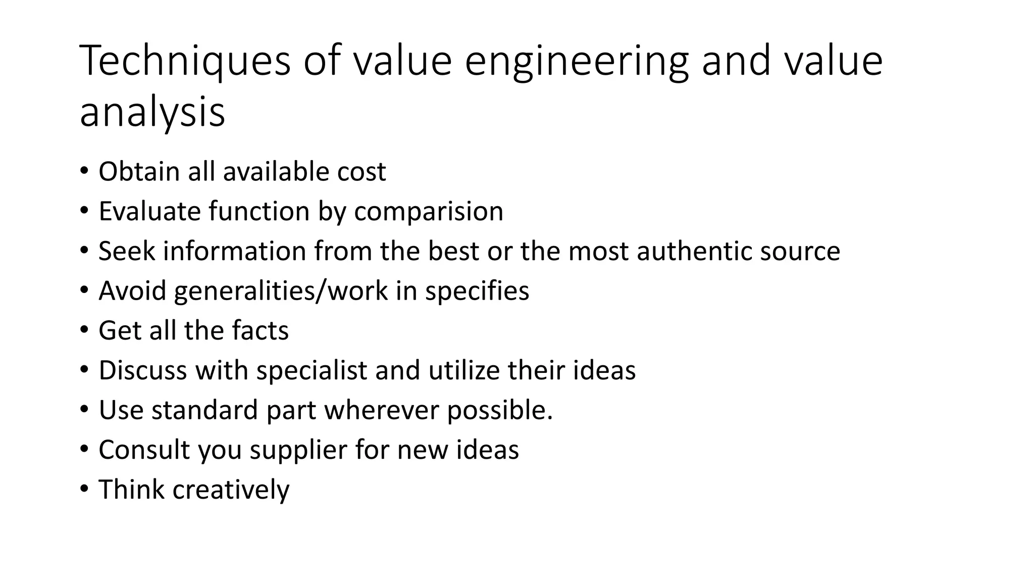 Introduction To Value Engineering And Value Analysis Ppt
