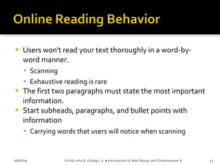 Introduction To Web Design with Dreamweaver Basics | PPT