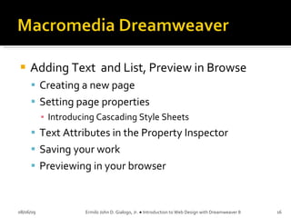Introduction To Web Design with Dreamweaver Basics | PPT