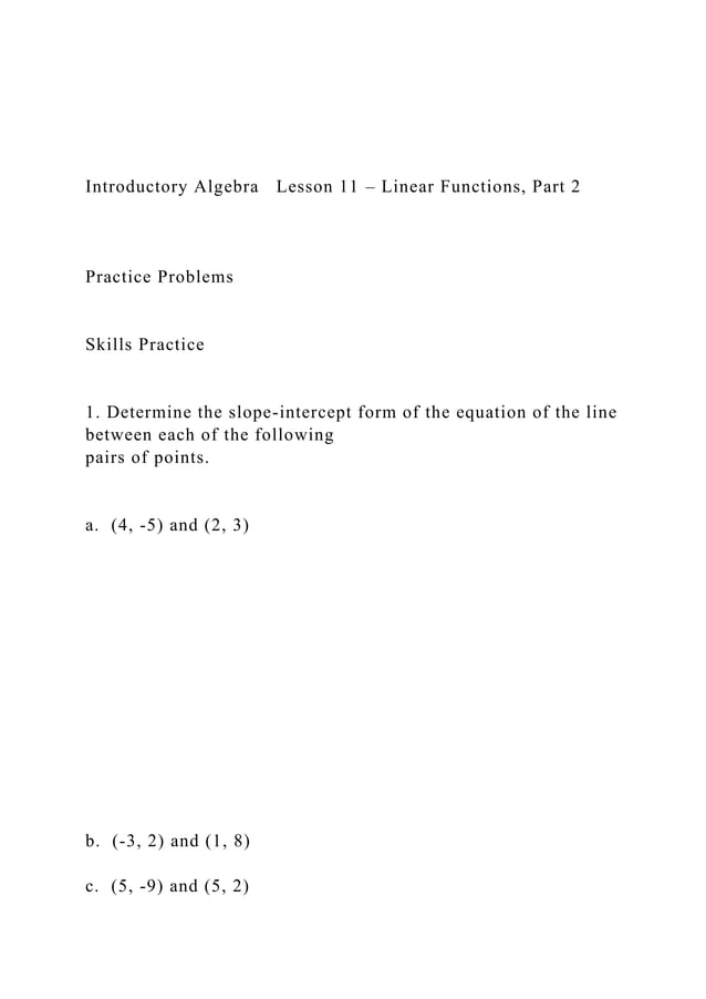 Introductory Algebra Lesson 11 – Linear Functions, Part 2 .docx ...