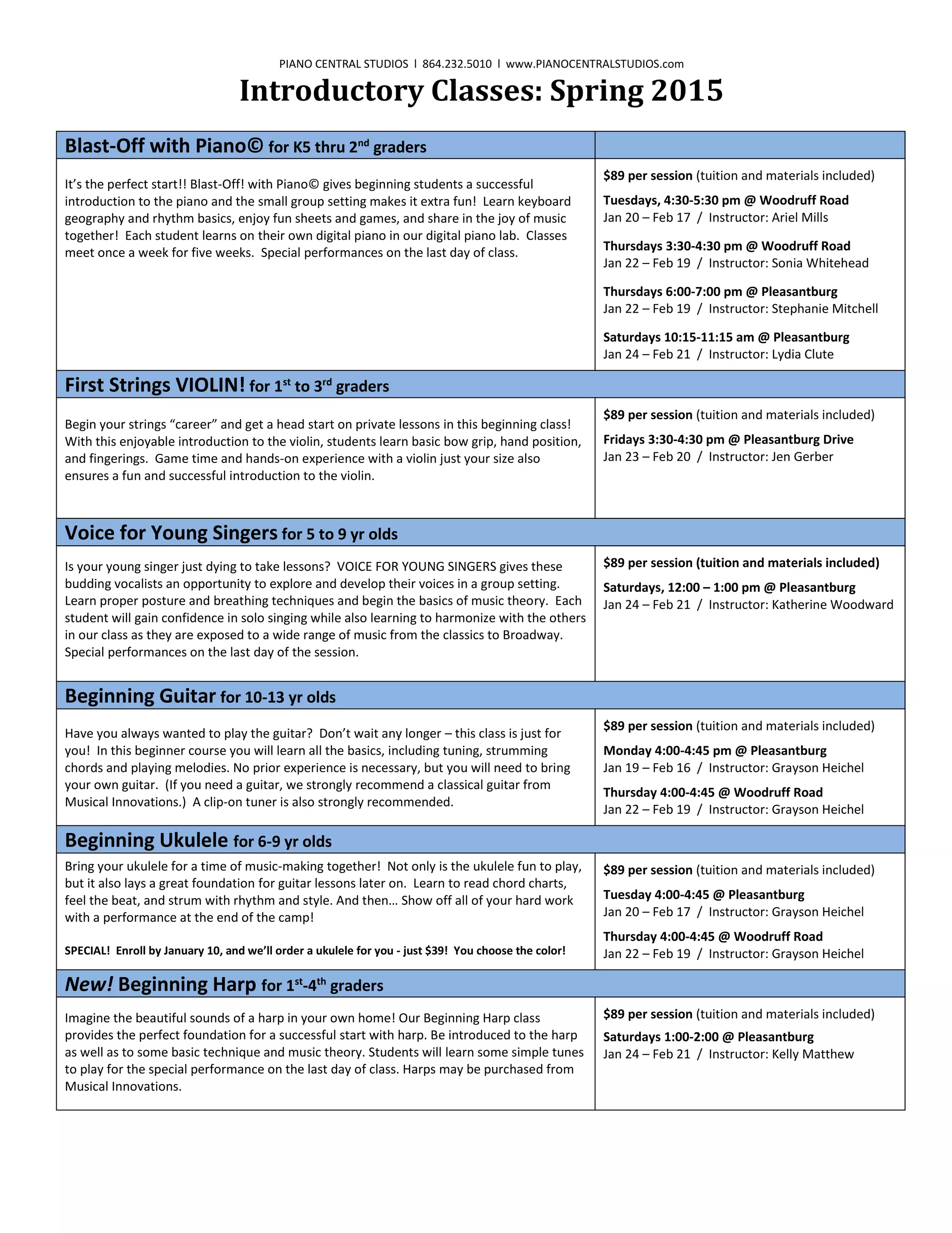 Piano Central Studios Introductory Classes - Spring 2015 | PDF