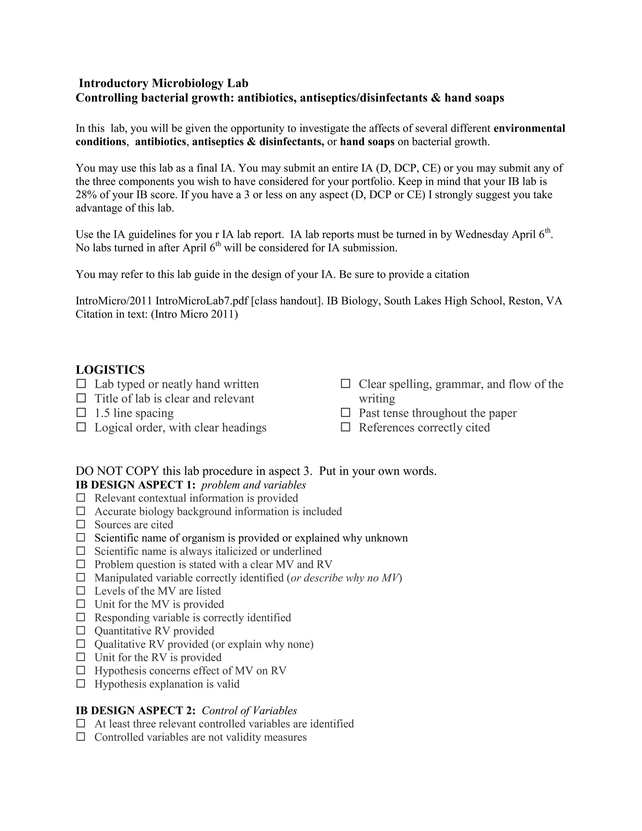 Introductory microbiology lab the final ia word | DOCX