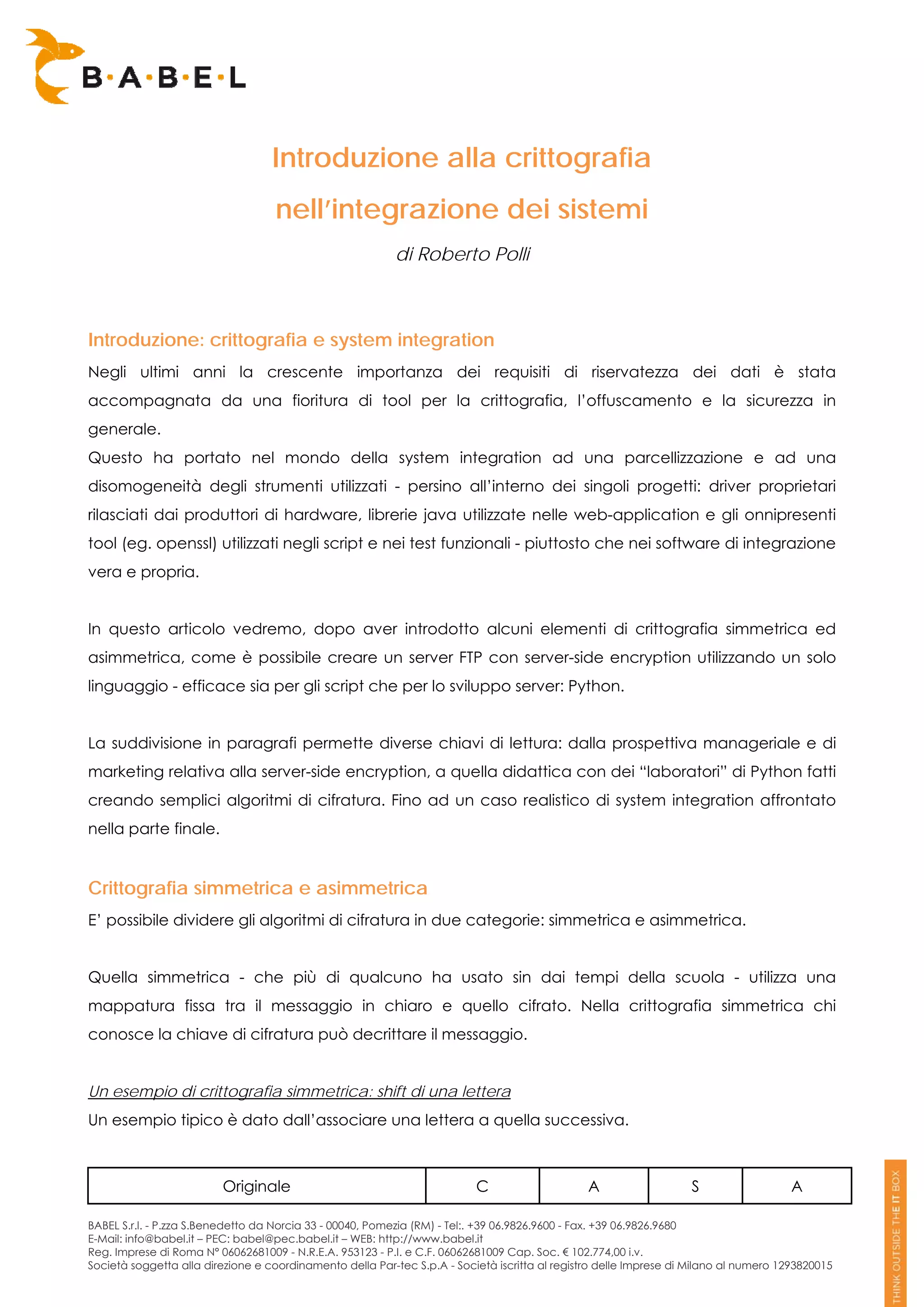 Crittografia e integrazione dei sistemi con Python | PDF