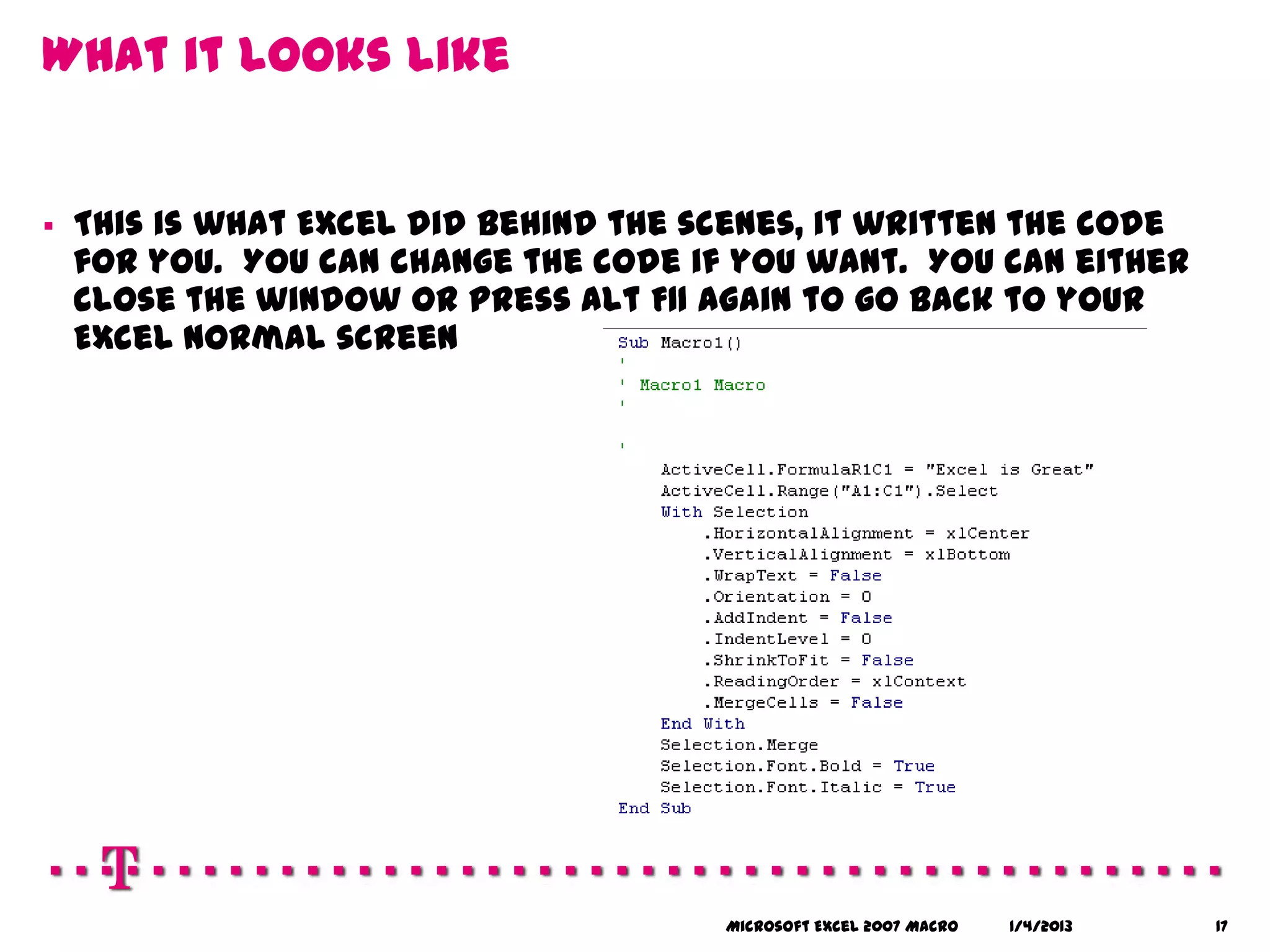 Intro macros in Excel 2007 | PPTX