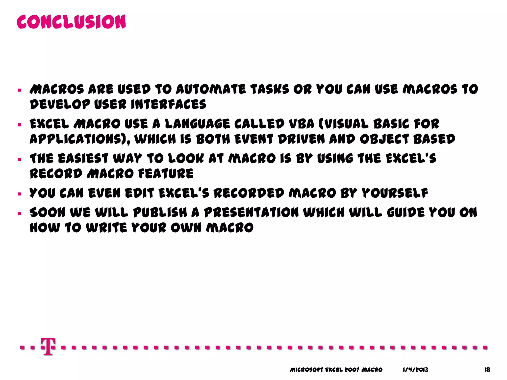Intro macros in Excel 2007 | PPTX
