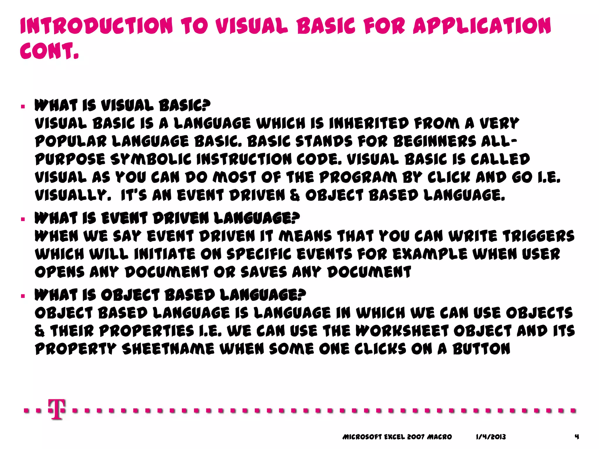 Intro macros in Excel 2007 | PPTX