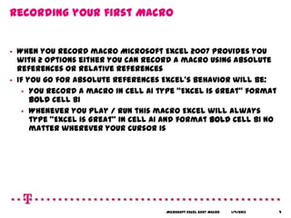 Intro macros in Excel 2007 | PPT