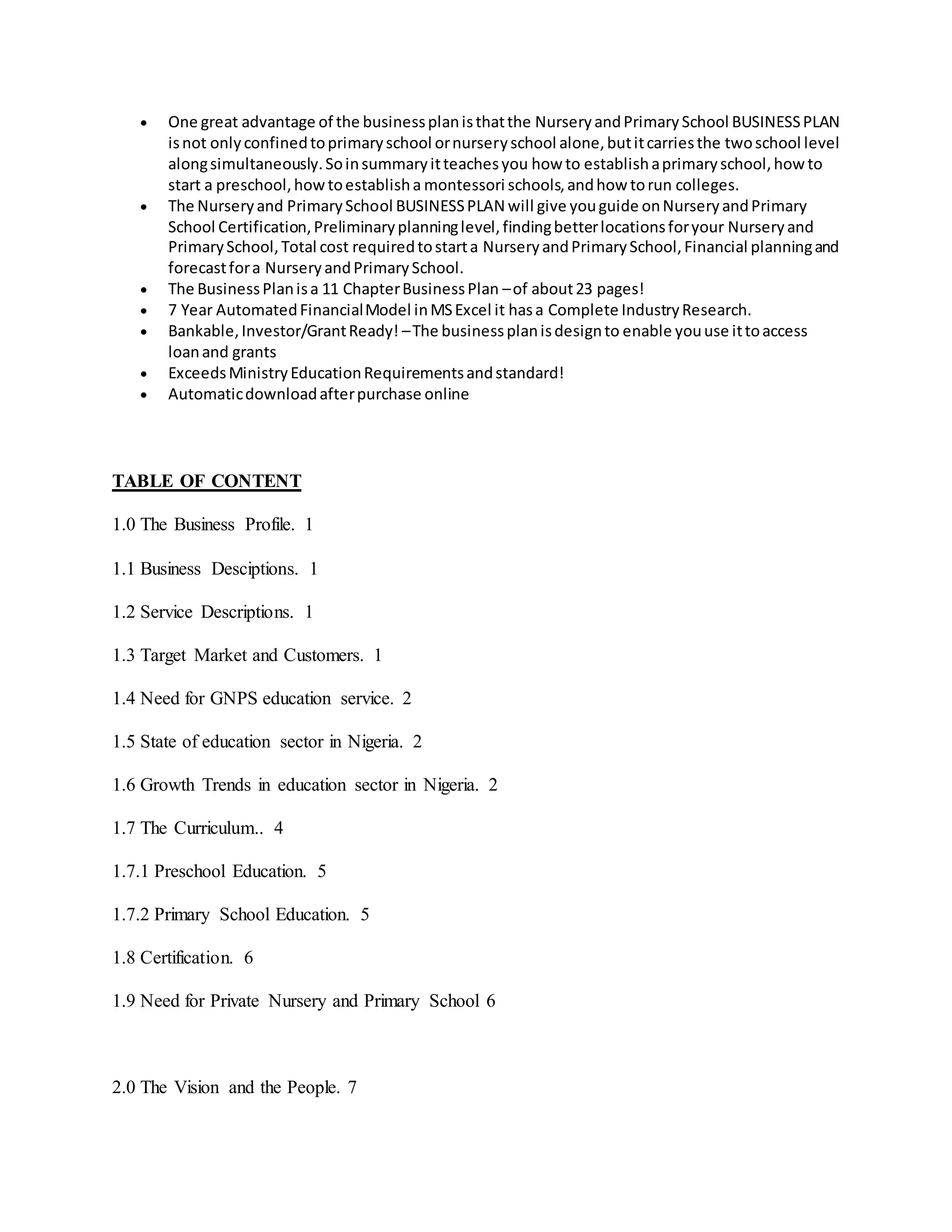 Intro nursery and primary school business plan | DOCX